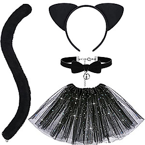 Hotop 4 Pcs Black Cat Costume Set Girls Cat Cosplay Costume Cat Ears Headband Tail Bowtie Black Tutu Skirt for Kitty Halloween Costume Dress up Party