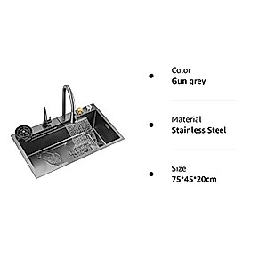 Ozetix Kitchen Sink 304 Stainless Steel Nano Raindance Waterfall Sink Home Sink Vegetable Basin Single Sink Workstation Kitchen Sink With Pull-Out Faucet, Pressurized Cup Washer, Gun grey, 75*45*20cm