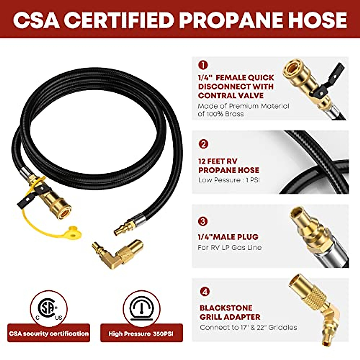 PatioGem 7 FT Quick Connect Propane Hose for RV to Grill, Propane Hose Adapter with 1/4" Shutoff Valve and 1/4" Male Full Flow Plug, LP RV Hose with Elbow Adapter for 17" and 22" Blackstone Griddles