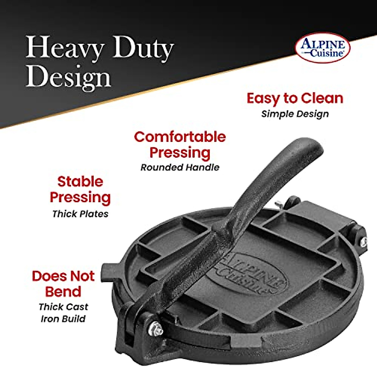 Alpine Cuisine Professional Cast Iron Tortilla Press, 7" Tortilla Maker, Comfortable Handles Allows Perfect Pressure, Heavy Duty Quesadilla Maker - Pataconera for Corn or Flour Tortilla