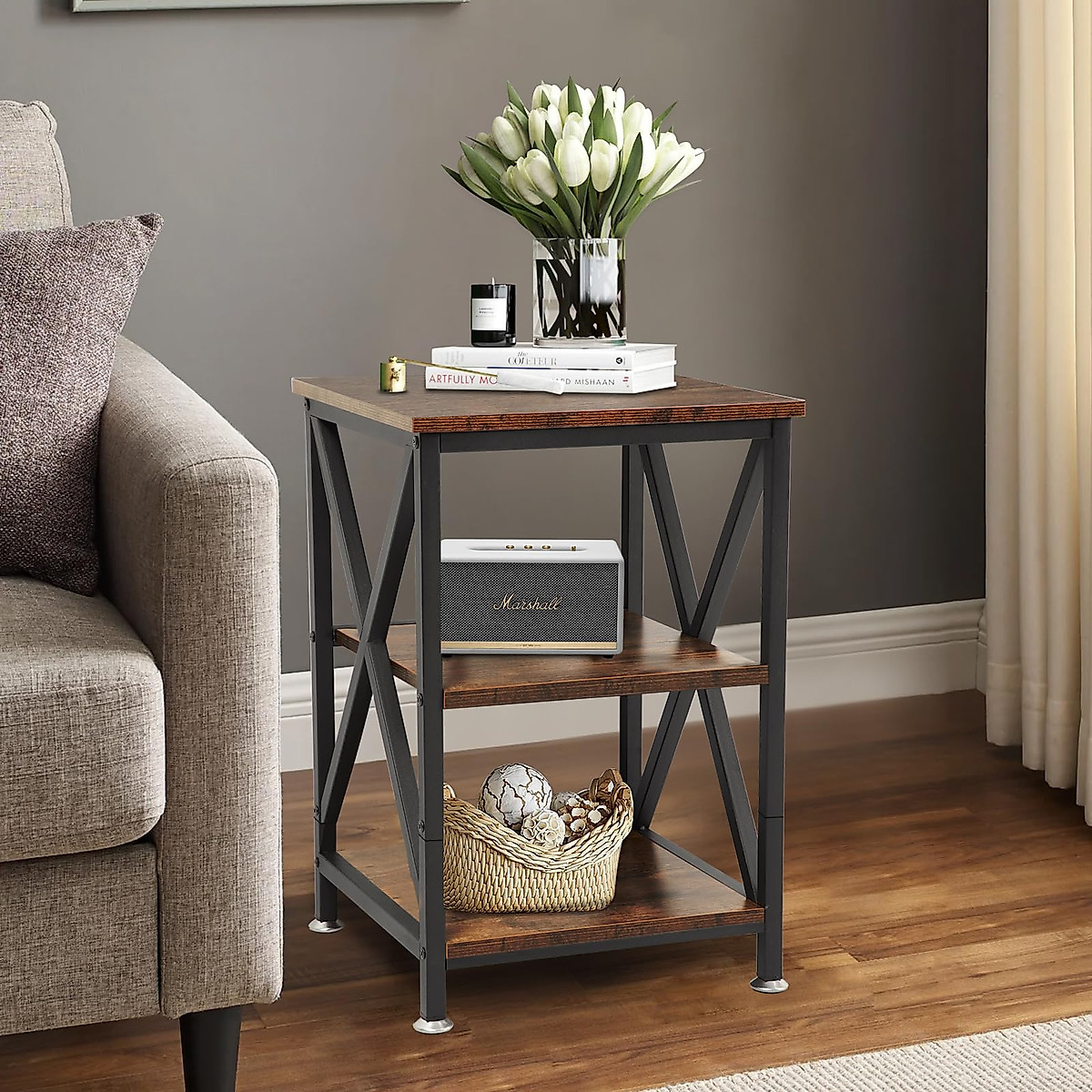 End Tables with Storage Shelf, 12" D x 16" W x 24" H, 3-Tier Side Table, End Tables Living Room Farmhouse, X-Shaped Night Stands for Bedrooms Bedside Tables