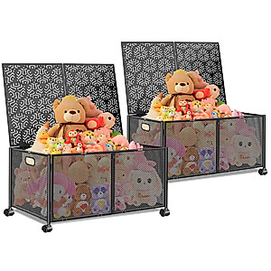 Haturi Large Metal Toy Box Storage, 2 Pack Large Toy Storage and Organizer with Metal Lid, Sturdy Toy Organizer with Wheels, Storage Boxes Bins for Playroom, Living Room, Bedroom (Black Collapsible)