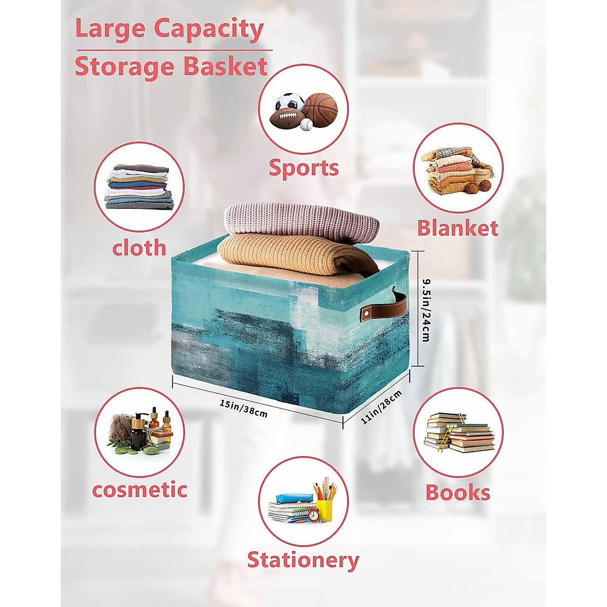 Abstract Storage Basket Turquoise Painting Large Foldable Storage Bins with Handles Modern Art Teal Gray Waterproof Fabric Laundry Baskets for Organizing Shelves Closet Toy Gifts Bedroom Home Decor