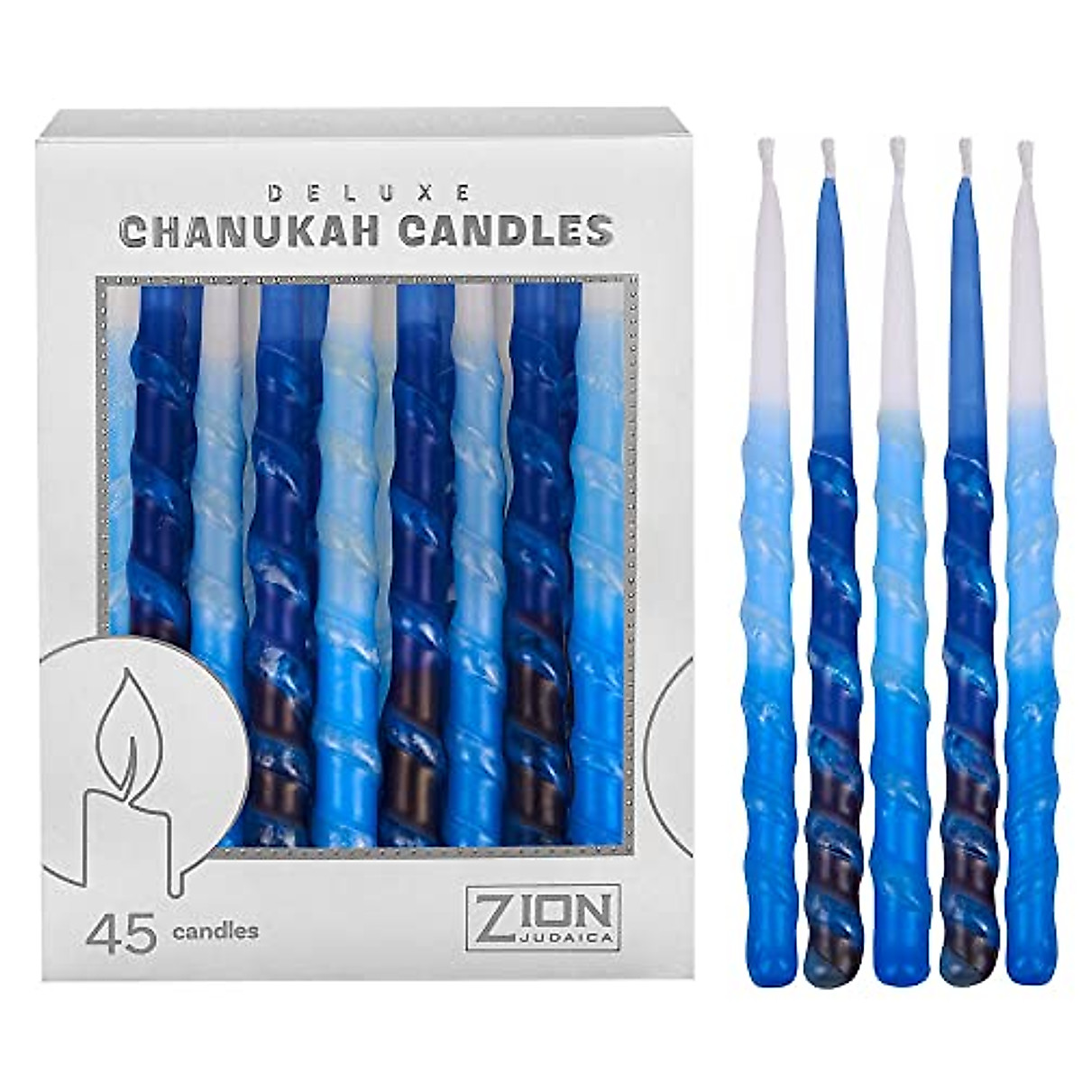 Zion Judaica Ltd Set of 45 Dripless Hanukkah Candles Spiral Candle Includes a DIY Dreidel, Prayer Card, Standard Size Menorah Candles for Eight Nights of Chanukah, Multi Tone Blue and White Ombre
