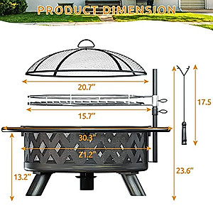 Amopatio Fire Pit for Outside, 30 Inch Large Outdoor Wood Burning Fire Pits, Patio Backyard Firepit with Steel BBQ Grill Cooking Grate, Spark Screen & Poker for Garden, Bonfire, Camping, Picnic
