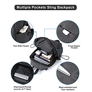 Small Black Sling Crossbody Backpack Shoulder Bag for Men Women, Lightweight One Strap Tactical Chest Backpack Sling Bag Backpack for Hiking Walking Biking Travel Cycling USB Charger Port Nylon Gray