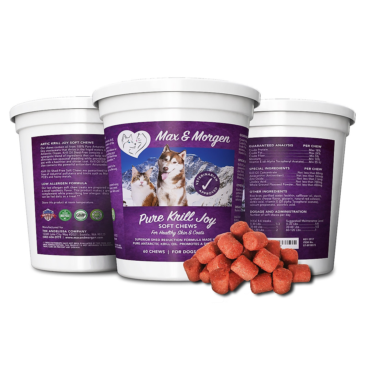 Pure Krill Joy, Antarctic Krill Oil Soft Chews for Dogs, Rich in Omega 3 and Antioxidants, Unique Shed Reducing Formula, Improves Skin and Coat, Low Allergen, Made in The USA, 60 Soft Chews.
