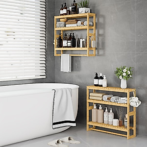 Bathroom Shelf Storage Organizer,5.9''D*23.6''W*21.2''H,Floating Wall Mount 3-Tier Adjustable Layer Bamboo Kitchen Organizer with Bar, Standing Shelf Units, Towel Rack Hanging Rod for Bathroom(Beige)