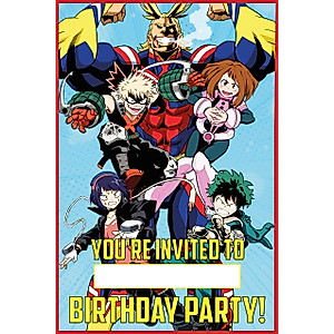 20x My Hero Academy Birthday Invitations and Envelopes – Fill-in Happy Birthday Party Invitations for Kids, 6X4 Inches, Postcard Style