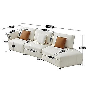 BAMOOLI 120'' Leather Curved Sectional Couches, Mid-Century Modern Leather Sectional Sofa Couches with 3 Pillows, Modular Sectional Couch Real Leather Sofas for Living Room, Bedroom, Apartment, Beige