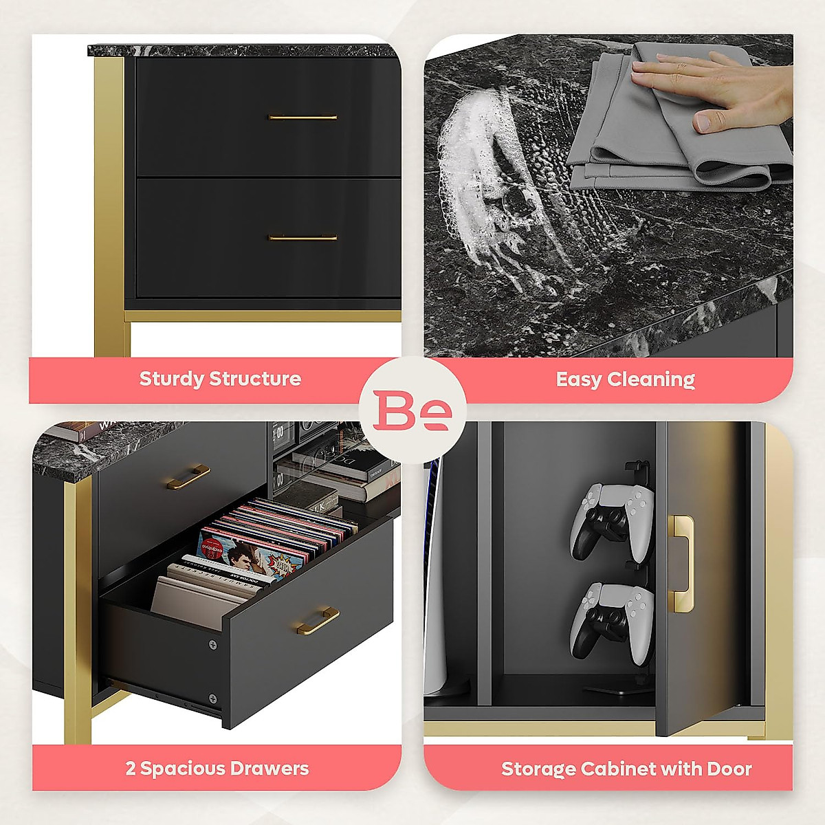 Bestier TV Stand for 75/80/85/90 Inch TVs, LED Gaming Entertainment Center, Modern TV Cabinet with Glass Shelves for Living Room, 2 Storage Drawers & Cabinets for Bedroom, Black Glossy