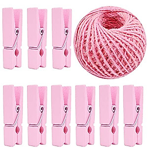 BronaGrand 50 Pieces Pink Wooden Clothespins Photo Clips Wood Laundry Peg Pins Craft Clips with 50 Meters Twine for DIY Projects Handicrafts Home Decoration