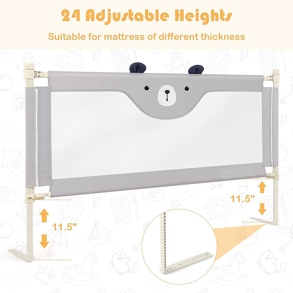 HONEY JOY Bed Rail for Toddlers, 57-in Extra Long, Portable Safety Bed Guardrail w/Double Safety Child Lock, Foldable Baby Bed Rail Guard, Fit King & Queen Full Twin Size Bed Mattress (57 INCH, Gray)