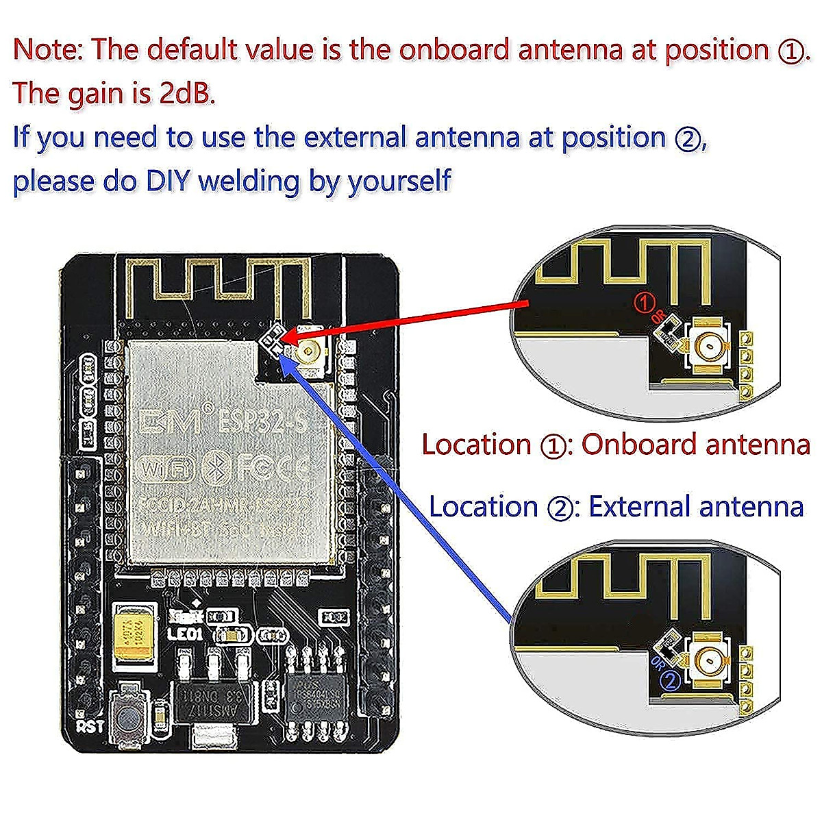 Aideepen ESP32-CAM-MB W- BT Board Micro USB to Serial Port CH-340G with 8DBI High Gain Dual-Band Antenna + 20cm IPEX to RP-SMA Cable