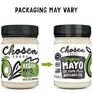 Chosen Foods Classic Vegan Avocado Oil-Based Mayonnaise, Gluten & Dairy Free, Low-Carb, Keto & Paleo Diet Friendly, Mayo for Sandwiches, Dressings and Sauces (12 fl oz)