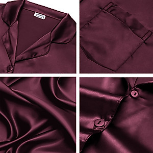 SWOMOG Women Pajamas Matching Pajamas Set Silk Satin Men Pj Set Long Sleeve Button Down Sleepwear 2 Pcs Loungewear Deep Wine Red Medium