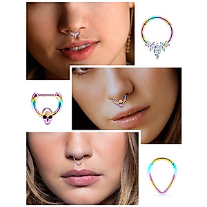Vsnnsns 16G Septum Rings Piercing Jewelry Skull Septum Jewelry CZ Clicker Ring Stainless Steel Septum Hinged Segment Nose Rings Hoop Piercing Jewelry for Men Women 10mm Rainbow 9pcs
