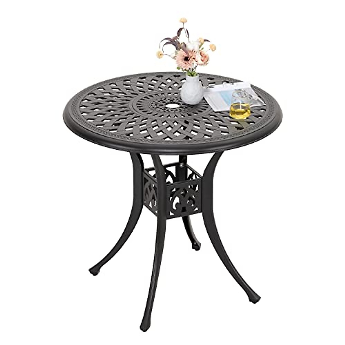 Nuu Garden 30 Inch Patio Dining Table, Cast Aluminum Round Outdoor Table with Umbrella Hole for Patio, Backyard, Deck-Black