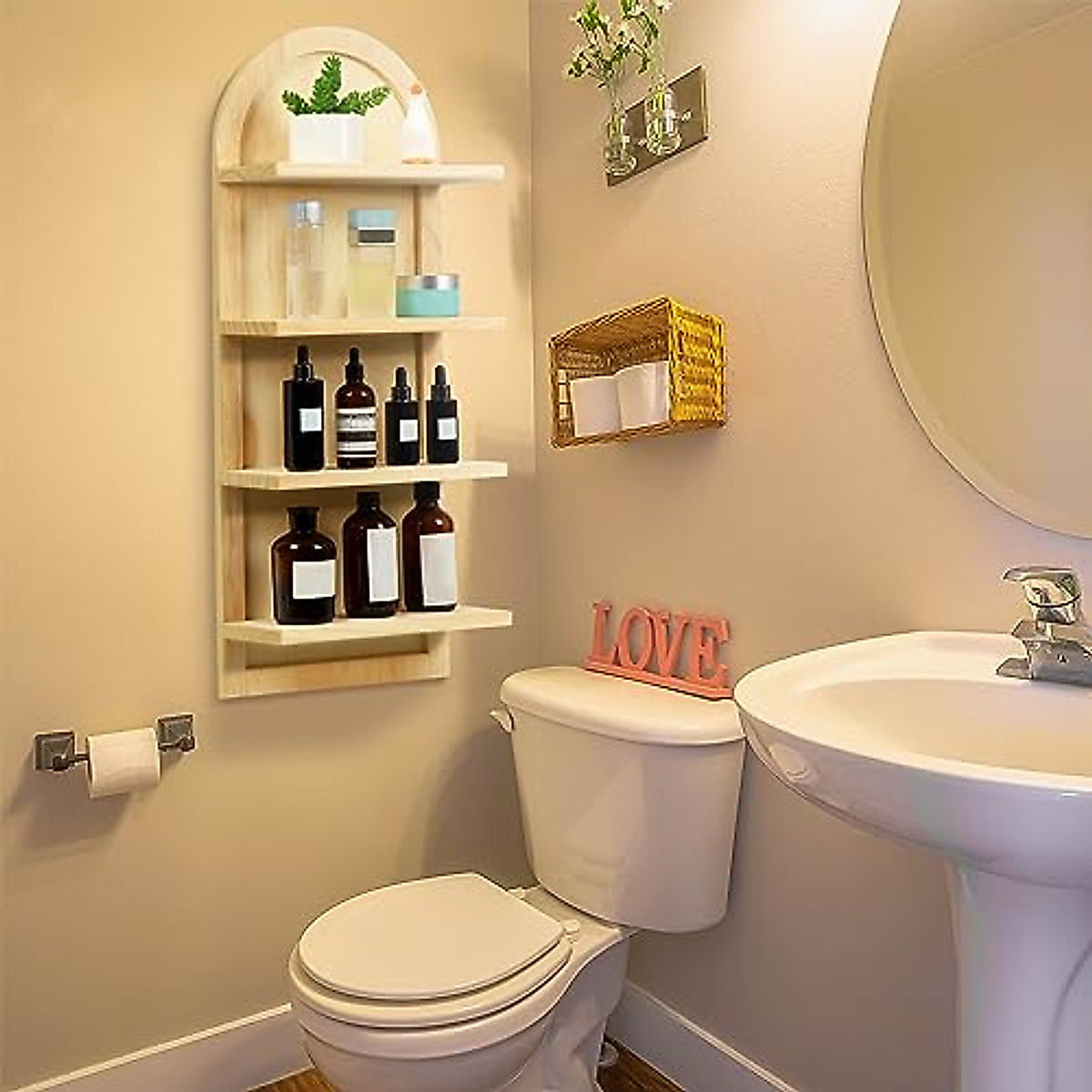 Barydat Arched Wood Wall Shelf 4 Tiers Boho Wall Shelves Curved Wall Mount Wooden Bookshelf for Wall Living Room Bathroom Decor Storage, 12" D x 30" W x 5.5" H