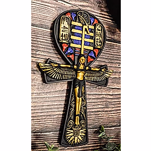 Ebros Crux Ansata Egyptian Ankh Of Isis With Open Wings And Cartouche Hieroglyphs Wall Decor Accent 3D Plaque Figurine 7.5" High Symbol of Life And Balance Gods Of Egypt (Colorful Black And Gold)