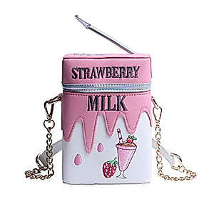 SUKUTU Girls Cute Strawberry Milk Box Stylish Cross Body Purse Women PU Phone Wallet Shoulder Handbag with Straw Decoration