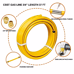 CSST Corrugated Stainless Steel Tubing 37 Ft 3/4" Flexible Natural Gas Line Pipe Propane Conversion Kit Grill Hose with Male Adapter Fittings