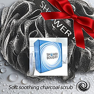 Loofah-Charcoal Bath-Sponge XL-75g-Set by Shower Bouquet: 4-Pack, Extra Large Mesh Pouf Soft Scrubber for Men and Women - Exfoliate with Big Black & White Gentle Cleanse in Beauty Bathing Accessories