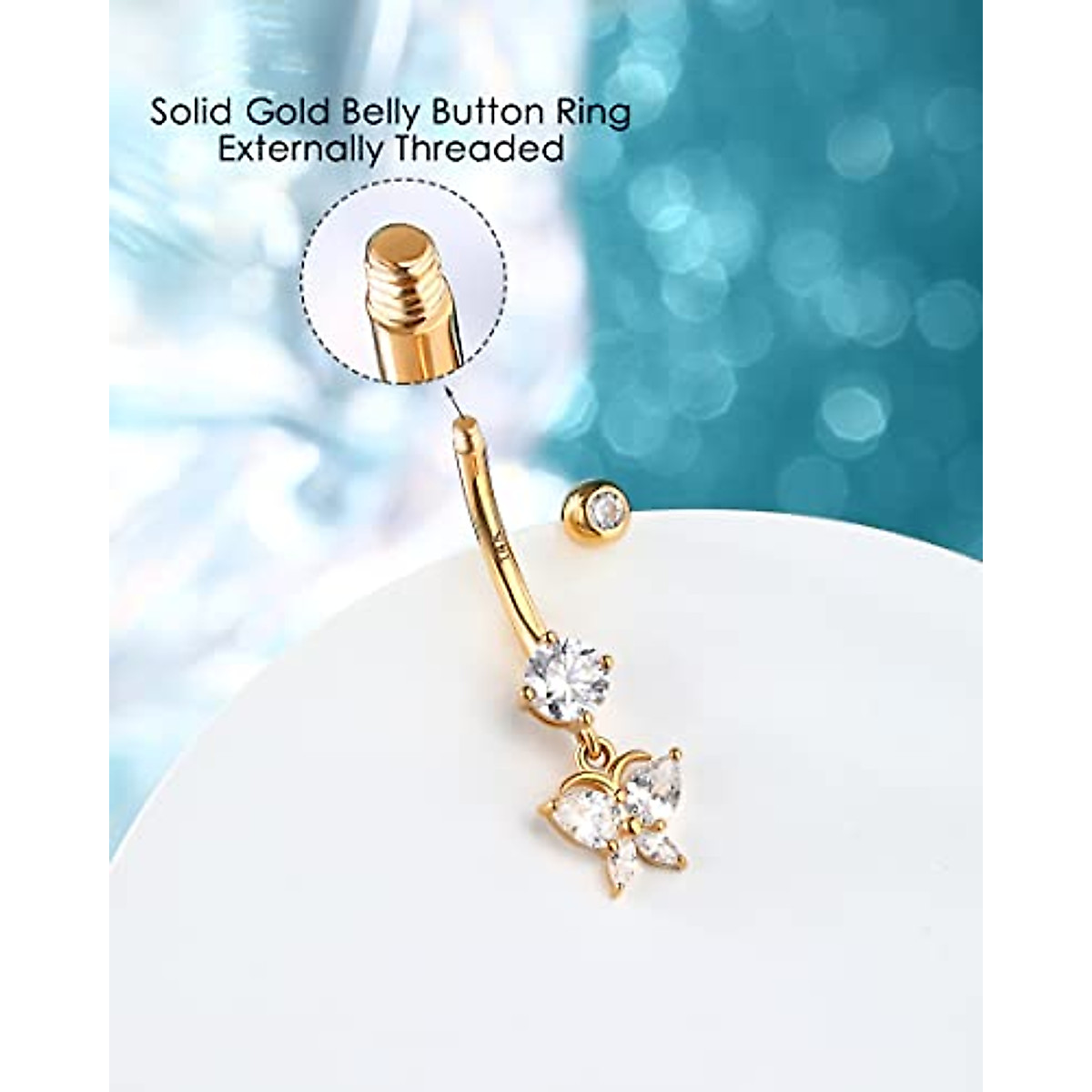 Melighting Gold Belly Rings 14K Solid Gold Butterfly Belly Button Rings for Women Gold Dangle Belly Piercing Clear CZ Gold Navel Rings for Woman Body Piercing Jewelry