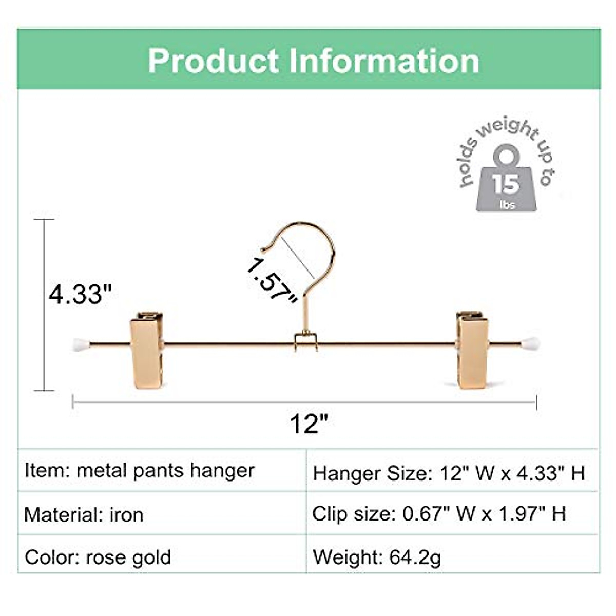 Amber Home 12 Inch Real Rose Gold Metal Pants Skirts Hangers 12 Pack, Sturdy for Slacks Trousers with 2 Adjustable Non Slip Clips and Swivel Hook (12 Pack)