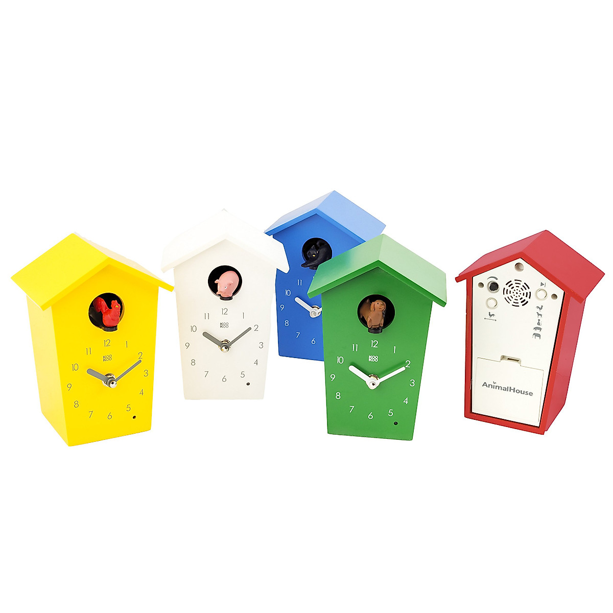 KOOKOO AnimalHouse white, small cuckoo clock with 5 farm animals sounds (natural field recordings)