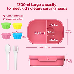 Jelife Lunch Box Kids Bento Box 1300ml Larger-Style Kid Lunch Box Containers Leak Proof Bento Lunch Box, BPA Free Lunchbox for Girls Teens Toddlers with Utensil, Food Fork Picks & Cake Cups, Pink