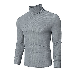 TURETRENDY Men's Stretch Muscle Tshirts Turtleneck Long Sleeve Knit Tees Casual Slim Fit Basic Shirt Tops Gray S