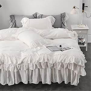 Soukach/SOUKECHY White Shabby Chic 3 Pieces Bedding,Vintage Ruffled Queen Duvet Cover Set with 2 Layers Ruffles,Soft Brushed Microfiber Set with Zipper Closure(Queen, White)