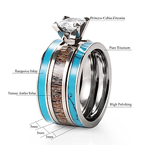 SHARDON Women’s Titanium Ring Set (3pcs) 5mm Genuine Antler Inlaid Cubic Zirconia Engagement Ring and 3mm Turquoise Inlaid Bands (8)