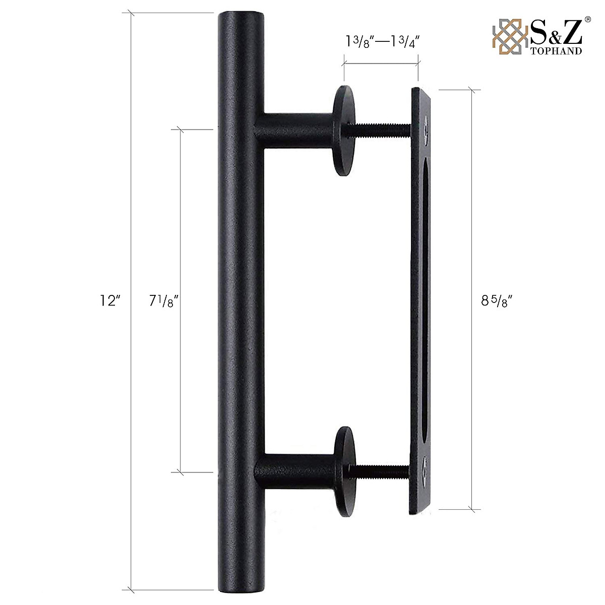S&Z TOPHAND® 12 Inch Sliding Barn Door Handles Black Hardware, Set Black Powder Coated Finish Round Shape - Fit 1 3/8-1 3/4" Thickness Door Panel, Heavy Duty Solid Steel Gate (2, Black)