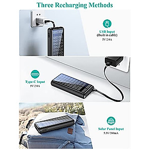 Portable Charger 36800mAh, LENGSUM Power Bank Solar Charger with 2 Output Ports, Built-in 2 Durable Cables, External Battery Pack for Cellphone and Tablet