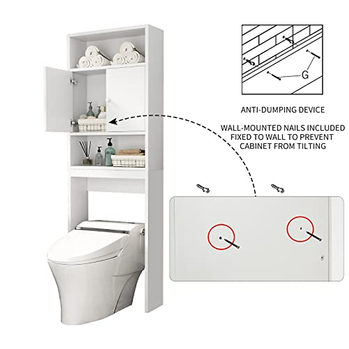 Aisfure Over The Toilet Storage Cabinet White 77", 3-Tier Bathroom Space Saver, Bathroom Organizer Shelf Over Toilet, Freestanding Multifunctional Laundry Organizer Toilet Rack