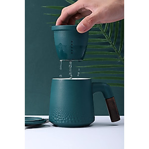 NCQIXIAO Tea Cup with Infuser and Lid, Raindrop Style Tea Mug Cups with Infuser, Wood Handle Ceramic Coffee Mug with Lid for Steeping Loose Leaf Tea 320ml/10.82OZ (Dark Green)