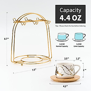 LUKA Ceramic Espresso Cups with Saucers and Metal Stand, Small 4 oz Porcelain Demitasse Cups Set of 6, Cute Cappuccino Coffee Cups for Double Espresso, Tea, Marbling White