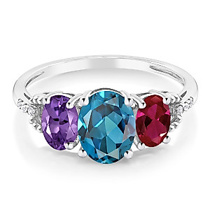Gem Stone King 10K White Gold Customized and Personalized Gemstone Birthstone and Diamond 3-Stone Engagement Ring | 3 Stone Wedding Engagement Anniversary Promise Ring For Women (Size 8)