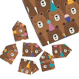 CENTRAL 23 Kids Wrapping Paper - 6 Sheets of Gift Wrap for Boys - Cute Animals - Party Bear Wrapping Paper Baby Shower - For Birthday - For Son, Grandson, Nephew - Comes With Fun Stickers