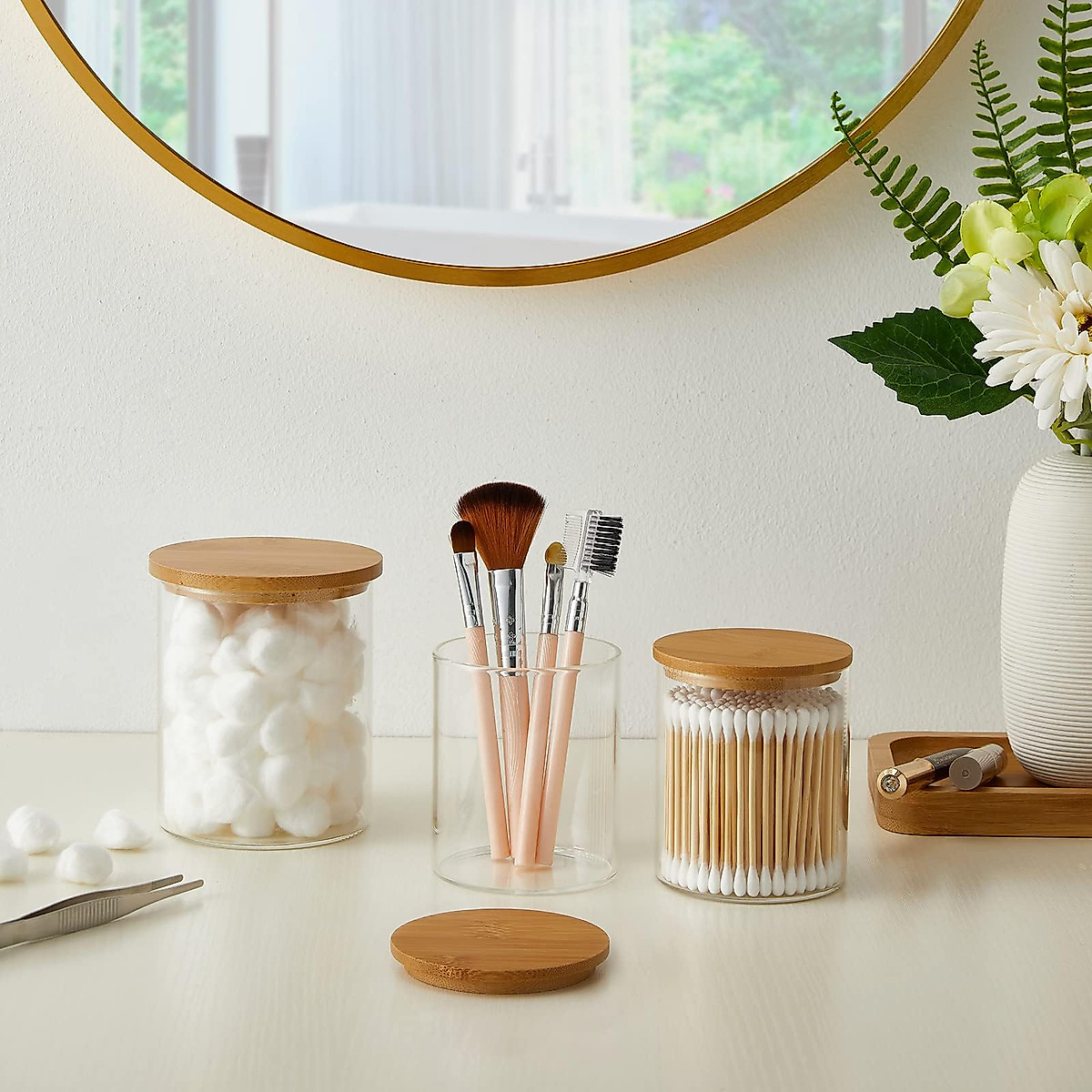 INIUNIK 3 Pack Glass Qtip Holder Bathroom Set, Clear Apothecary Jars with Lids, Cotton Ball Swab Round Holder Bathroom Essential Canisters Accessories for Organization and Storage