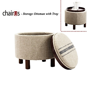 chairus Round Storage Ottoman with Tray, Small Footrest with Blue Striped Lid & Wood Legs, Beige