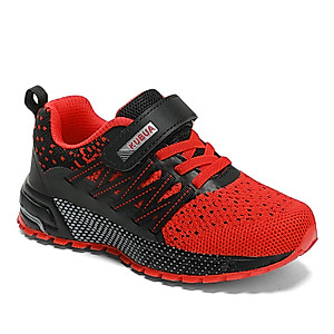 KUBUA Kids Sneakers for Boys Girls Running Tennis Shoes Lightweight Breathable Sport Athletic Black Red Big Kid Size 2