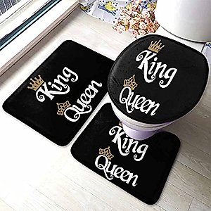 AOYEGO King and Queen Bathroom Rugs Set of 3 Couple Design Black Background Non Slip 31.5X19.7 Inch Soft Absorbent Polyester for Tub Shower Toilet
