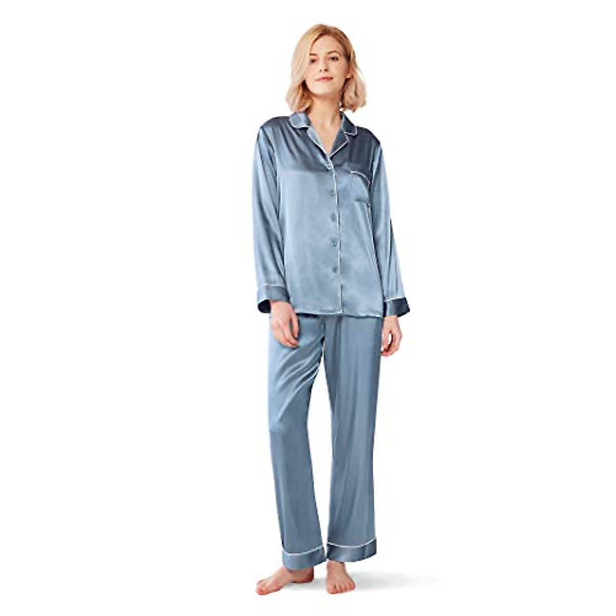 SIORO Silky Pajamas for Women Satin Pajama Sets Long Sleeve Button Down Sleepwear PJ's Soft Loungewear, Blue Grey, Medium