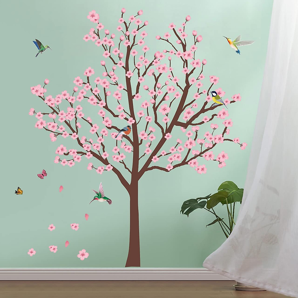 2 Sheets Removable Pink Peach Tree Wall Decals Cherry Blossom Trees Wall Stickers Birds Butterfly Wall Decal Home Art Decor for Kids Girls Babys Bedroom Nursery Room Living Room Decorations (A)