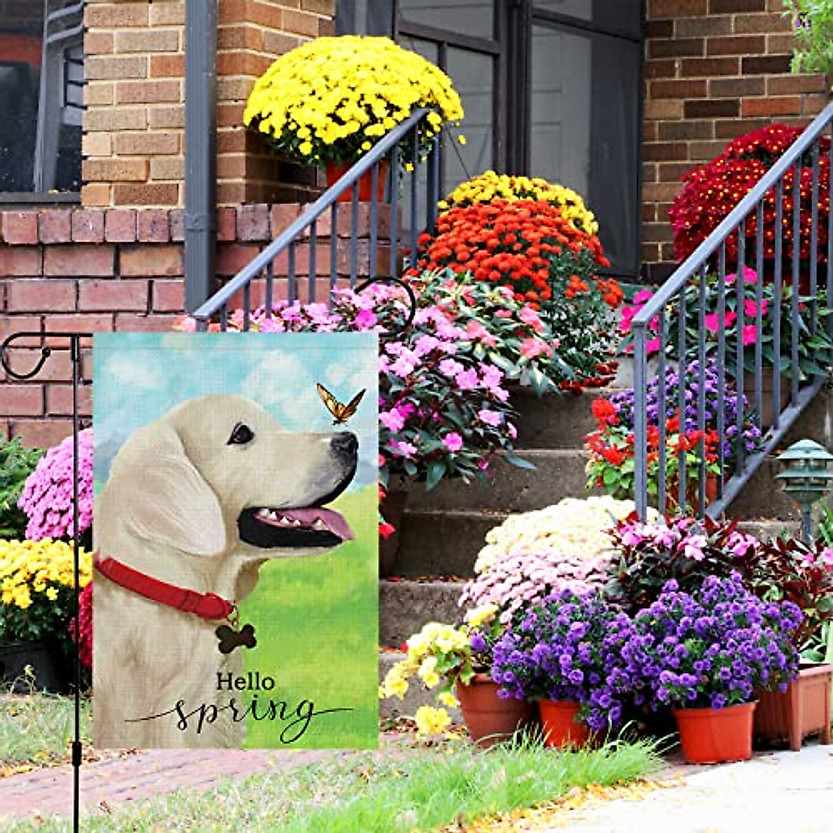 Hello Spring Dog Garden Flag 12x18 Double Sided Vertical, Burlap Small Butterfly Welcome Garden Yard House Flags Outside Outdoor House Spring Summer Decoration (ONLY FLAG)