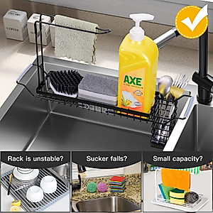 LOLOST Sink Caddy Sponge Holder, Expandable (16.7"-21.3") Kitchen Telescopic Sink Storage Rack , 4-in-1 Telescopic Sink Shelf with Dish Towels Drying Rack, Black