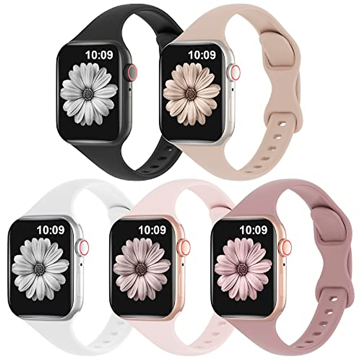 TSAAGAN 5 Pack Silicone Slim Bands Compatible with Apple Watch Band 38mm 42mm 40mm 44mm 41mm 45mm 49mm, Soft Narrow Sport Strap Thin Wristband for iWatch Ultra Series 8/7/SE/6/5/4/3/2/1 Women Men
